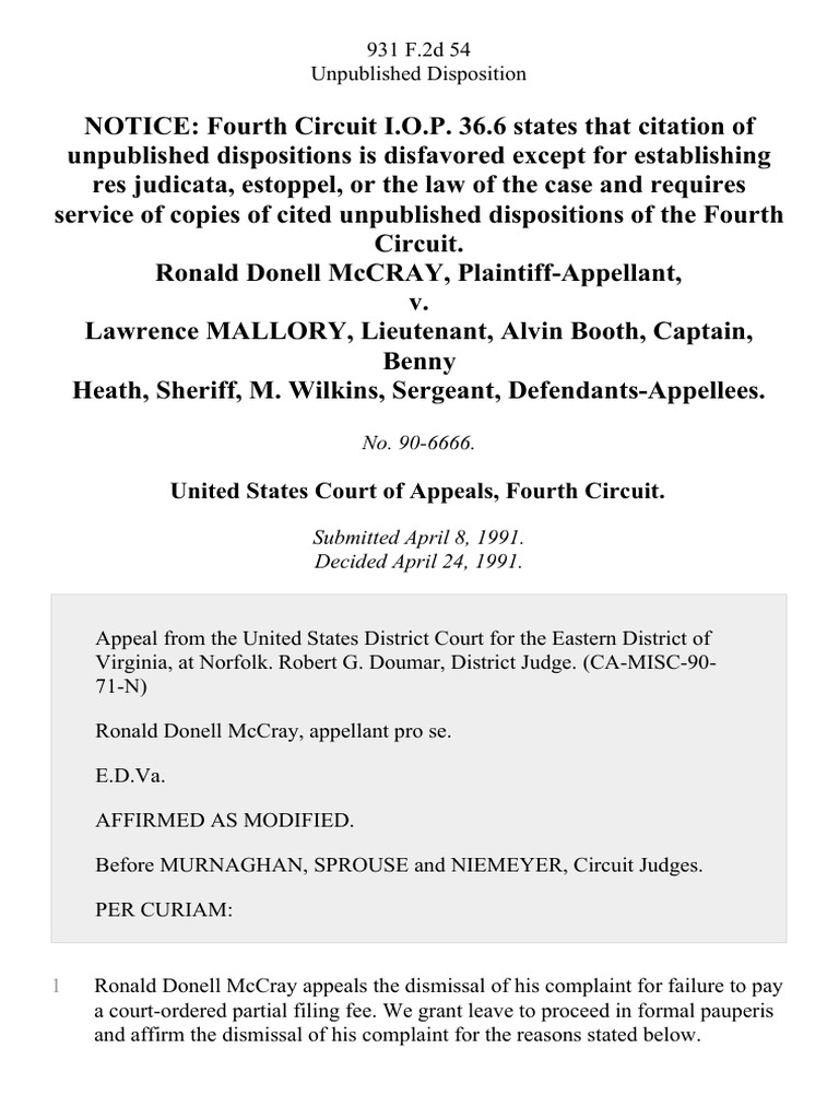 Ronald Donell McCray v. Lawrence Mallory, Lieutenant, Alvin Booth ...