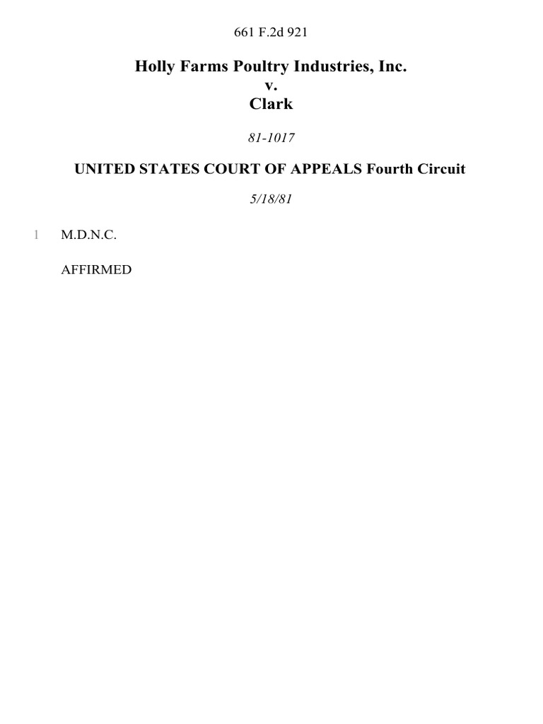Holly Farms Poultry Industries, Inc. v. Clark, 661 F.2d 921, 4th Cir ...