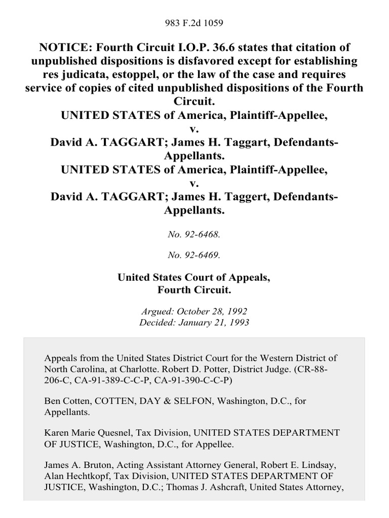 United States v. David A. Taggart James H. Taggart, United States of ...
