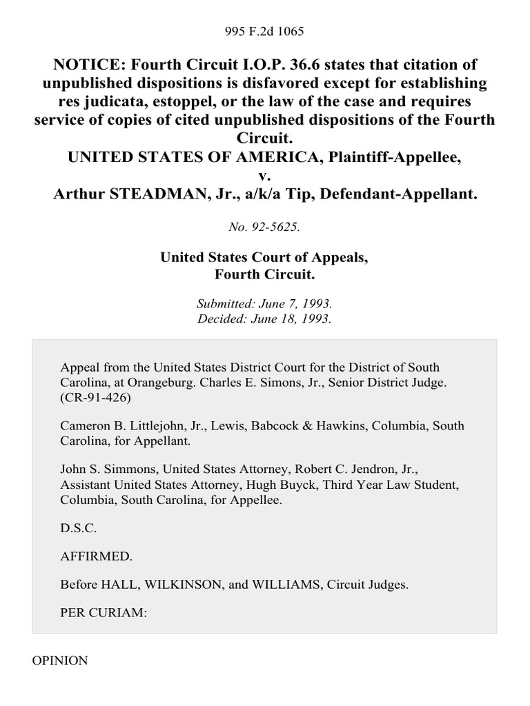 United States v. Arthur Steadman, JR., A/K/A Tip, 995 F.2d 1065, 4th ...