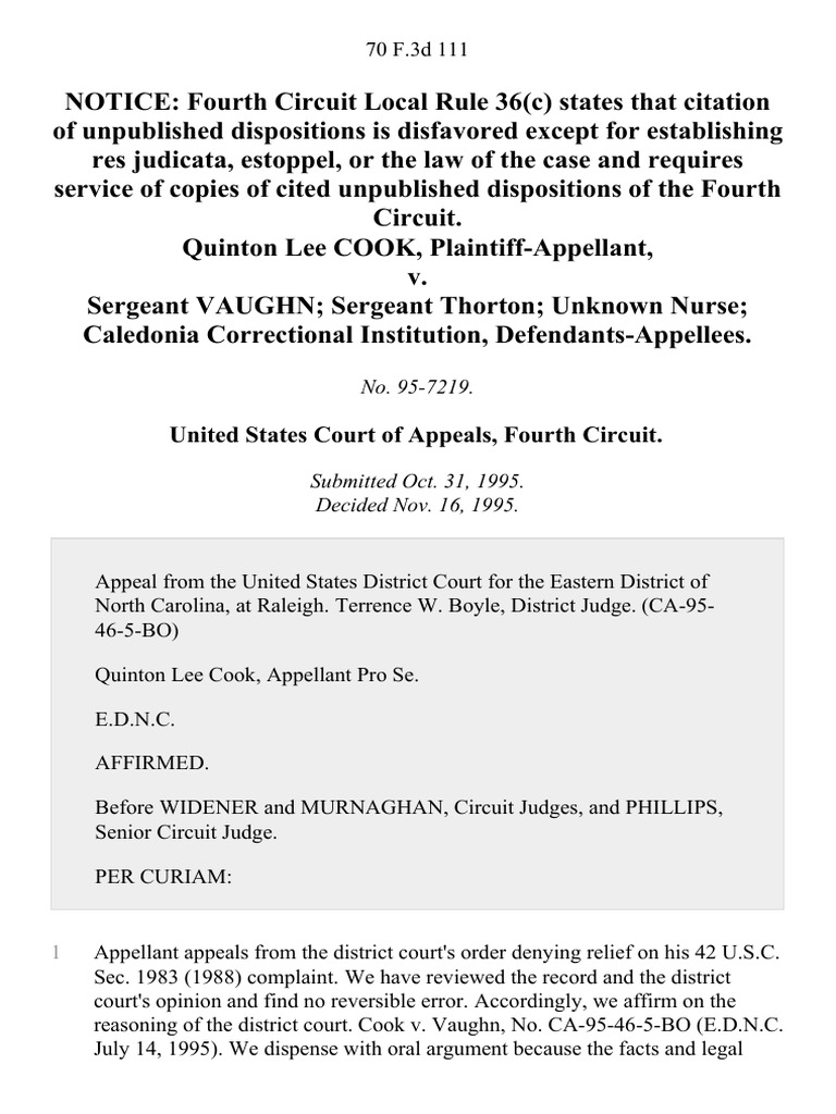 Quinton Lee Cook v. Sergeant Vaughn Sergeant Thorton Unknown Nurse ...