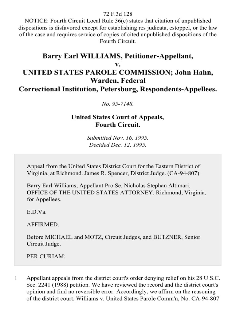 Barry Earl Williams v. United States Parole Commission John Hahn ...