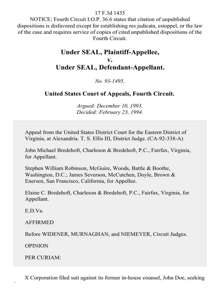 Under Seal v. Under Seal, 17 F.3d 1435, 4th Cir. (1994) | PDF | Summary ...