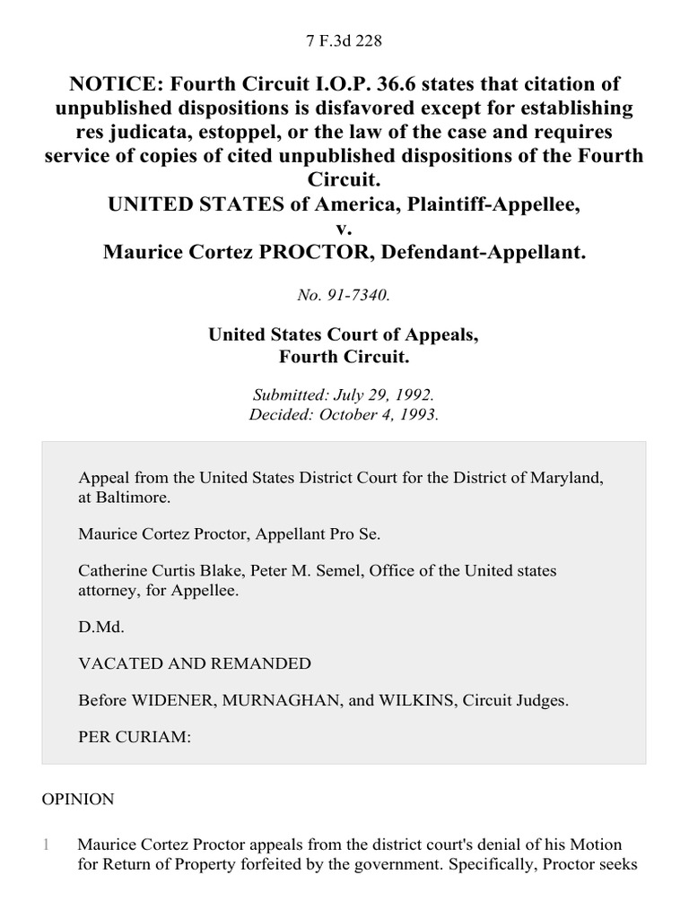 United States v. Maurice Cortez Proctor, 7 F.3d 228, 4th Cir. (1993 ...