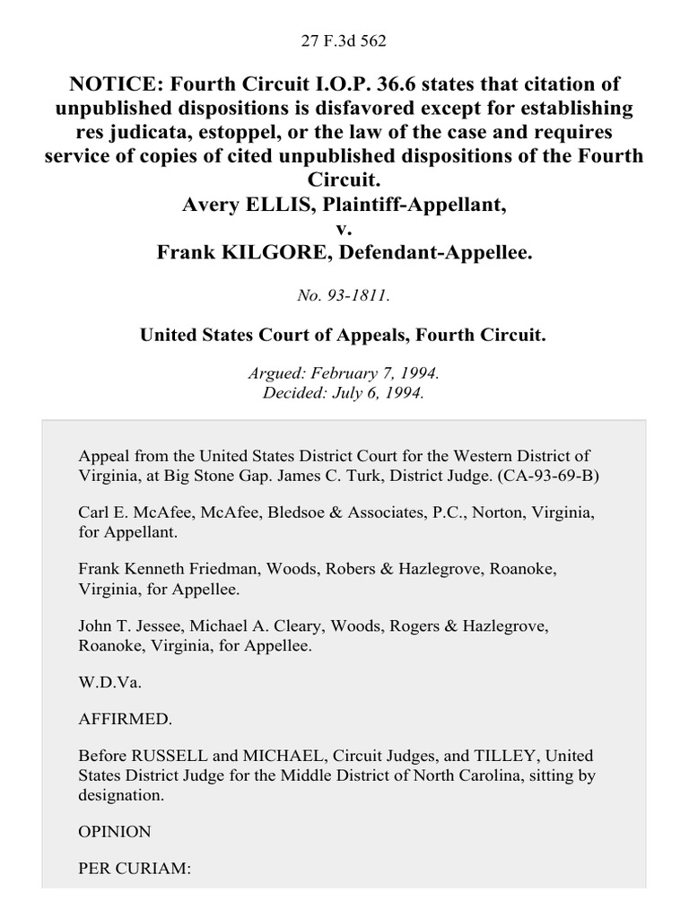 Avery Ellis v. Frank Kilgore, 27 F.3d 562, 4th Cir. (1994) | PDF ...