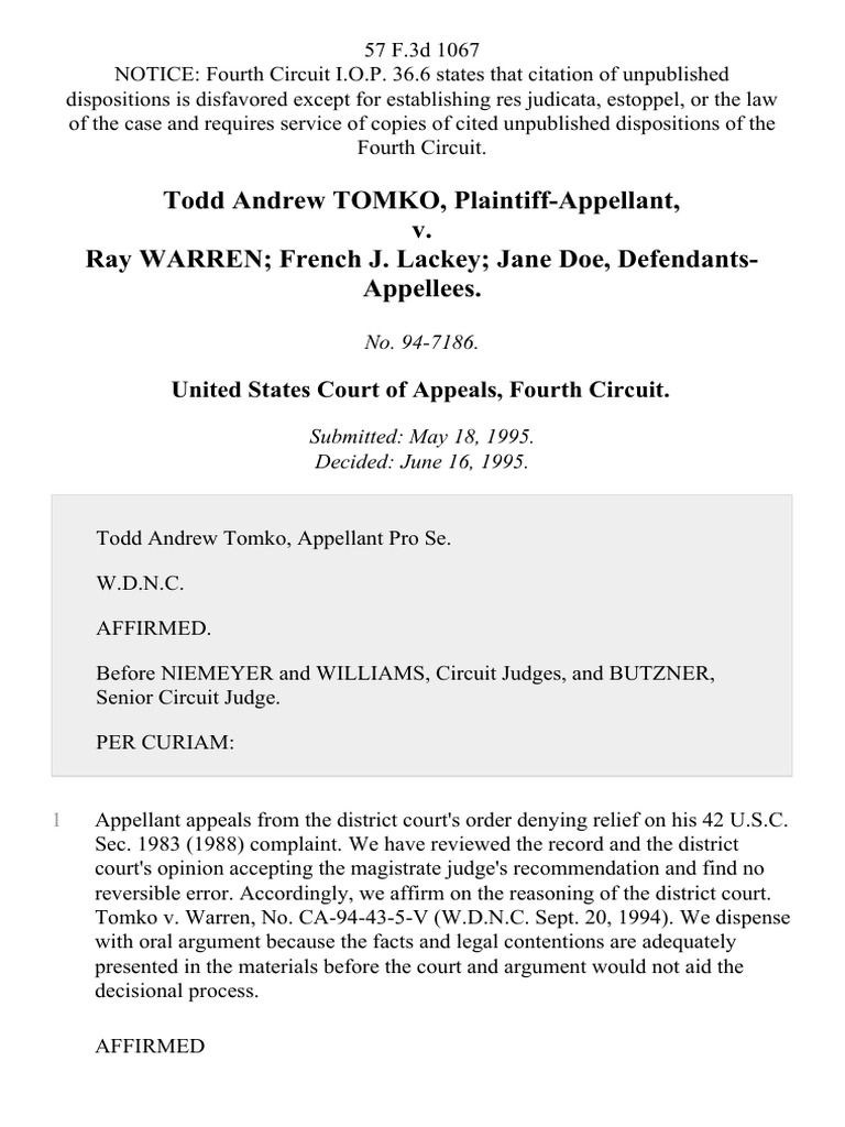 Todd Andrew Tomko v. Ray Warren French J. Lackey Jane Doe, 57 F.3d 1067, 4th Cir. (1995) | PDF