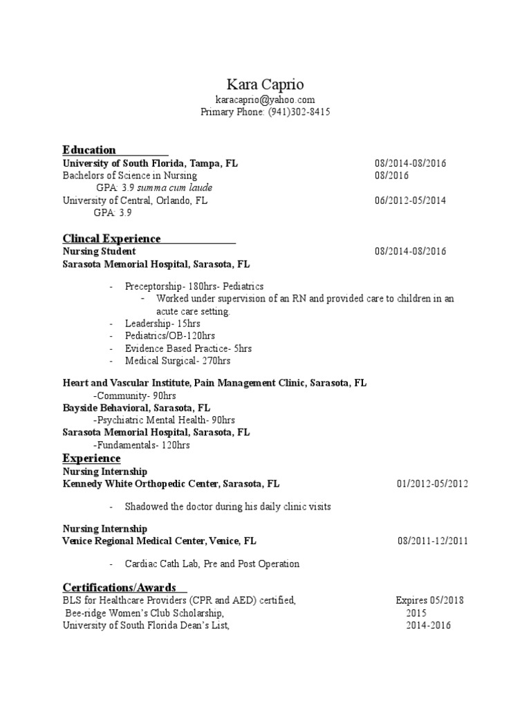 Nursing Resume of Kara Caprio | PDF