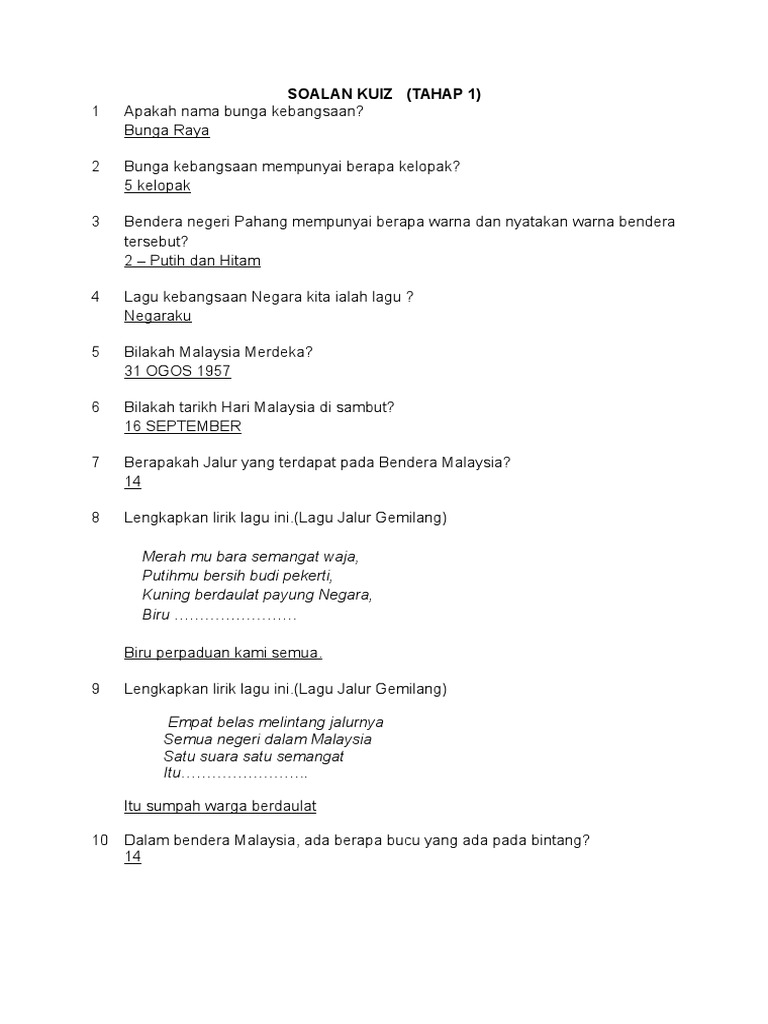 Soalan Kuiz Kemerdekaan Tahap I | PDF