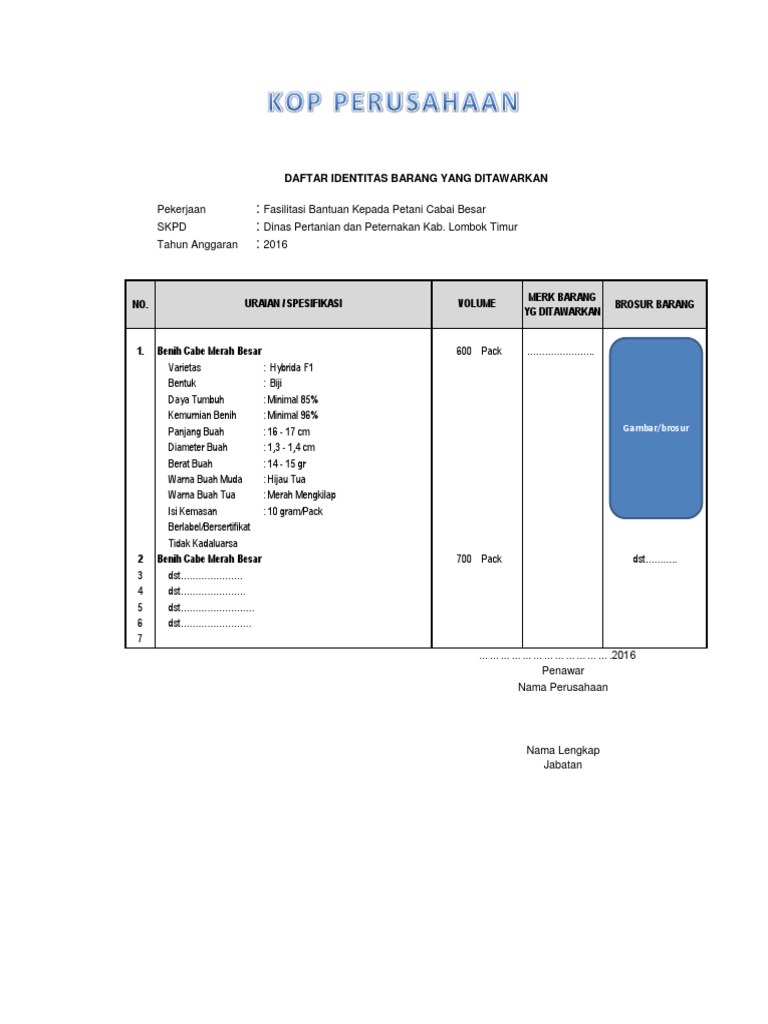Contoh Daftar Identitas Barang Yg Ditawarkan | PDF
