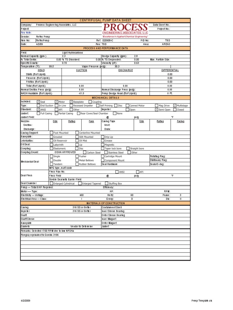 Centrifugal Pump Data Sheet: Process and Performance Data | PDF
