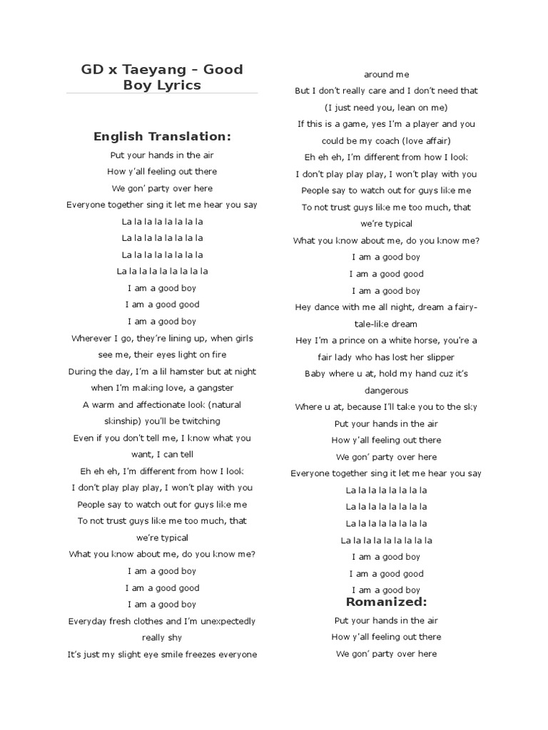 GD X Taeyang - Good Boy Lyrics: English Translation | PDF | Leisure ...