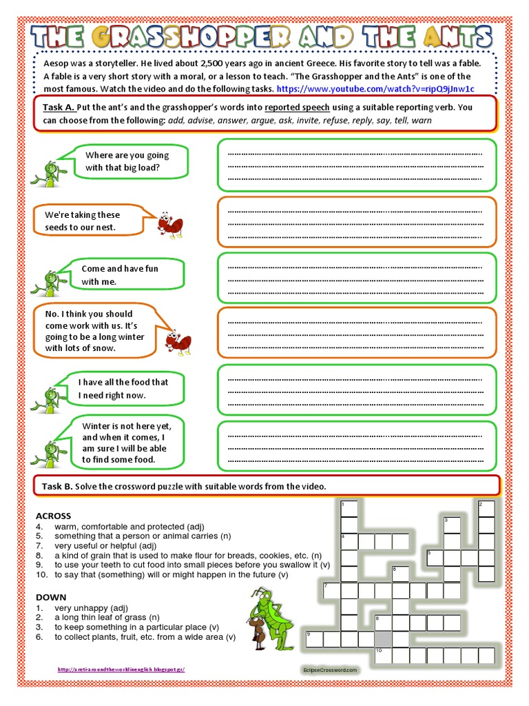 The Grasshopper and The Ant (Worksheet) | PDF | Fable | Aesop