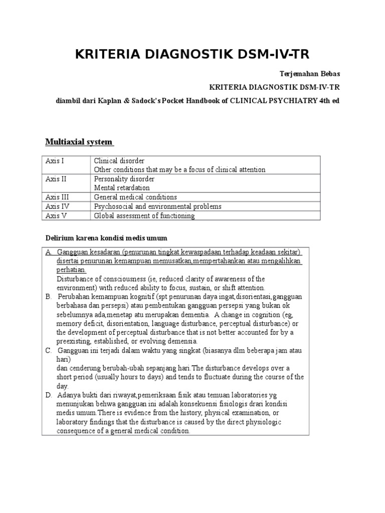 Kriteria Diagnostik Dsm-Iv-Tr: Multiaxial system