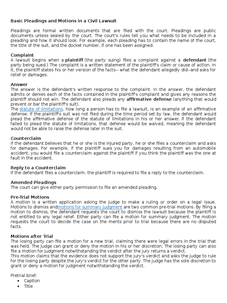 Basic Pleadings and Motions in A Civil Lawsuit | PDF | Lawsuit | Pleading