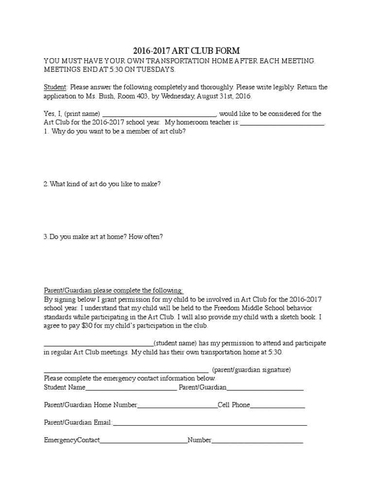 2016-2017 Art Club Application Form | PDF | Language Arts & Discipline