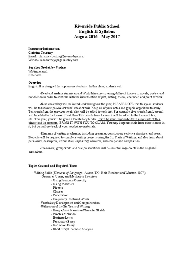 English II Syllabus for Riverside High | PDF | Homework | Teachers