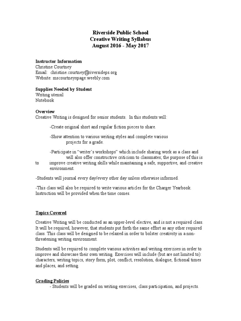 Creative Writing 2016-17 Syllabus | PDF | Homework | Classroom