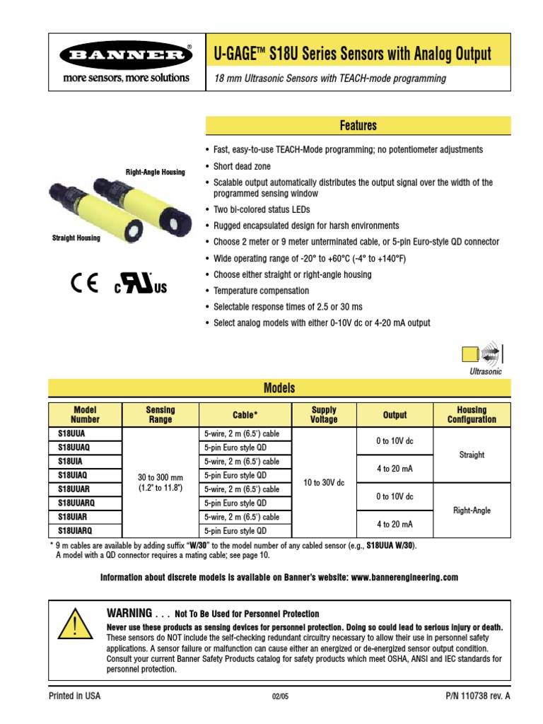 U Cage S18U Series With Analog Output | PDF | Sensor | Ultrasound