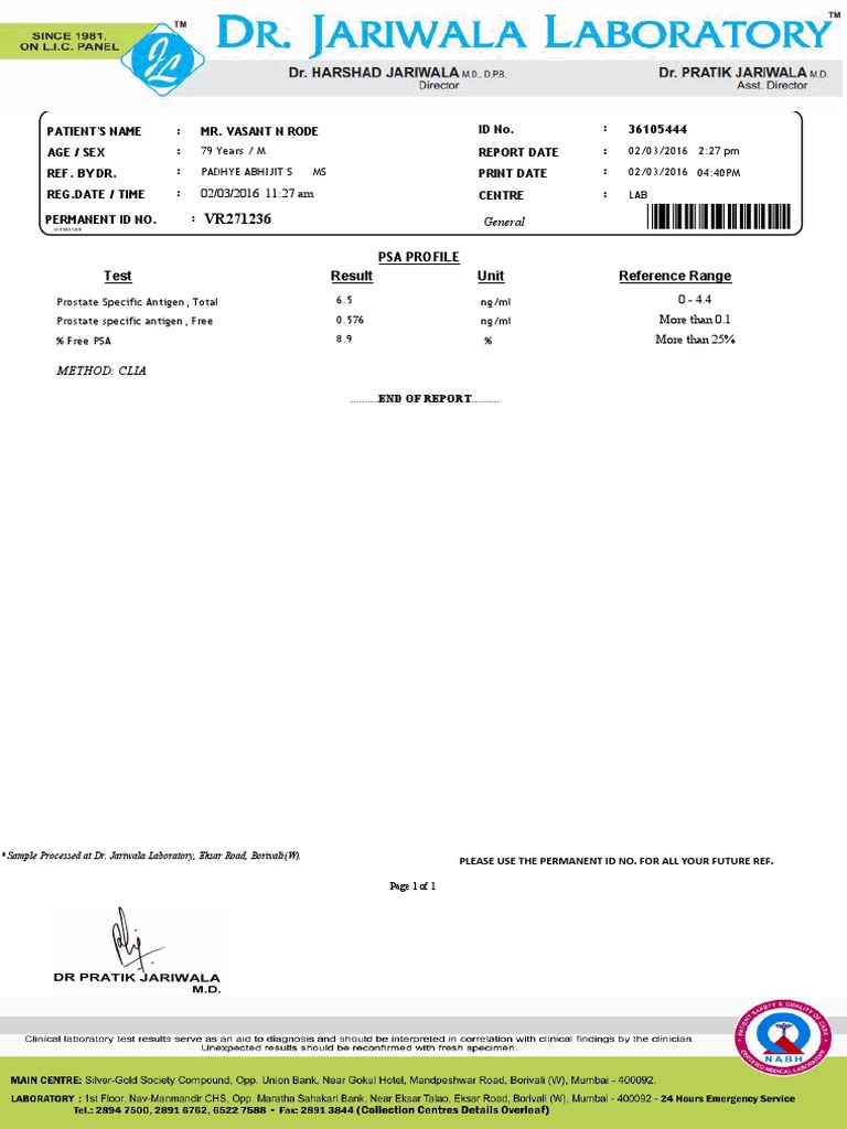 Psa Profile Result Unit Reference Range Test: General | PDF