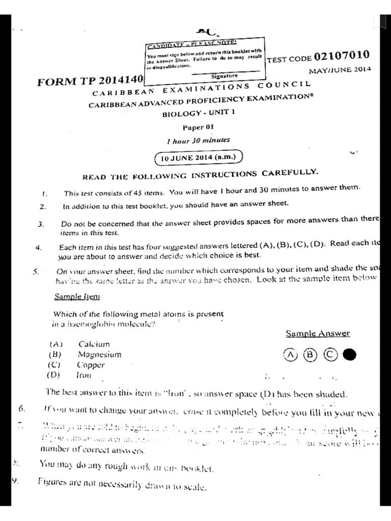 Biology CXC Cape Unit 1 Paper 1's | PDF