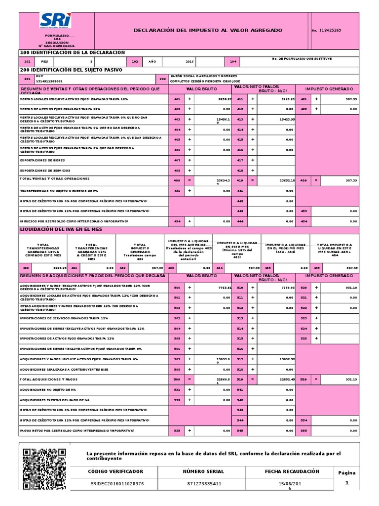 Formulario 104: Declaración IVA 2024 | PDF | Impuesto al valor agregado | Impuestos
