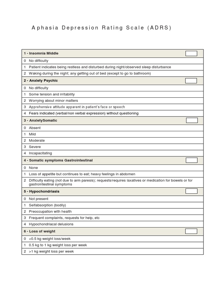 Aphasia Depression Rating Scale (ADRS) | PDF