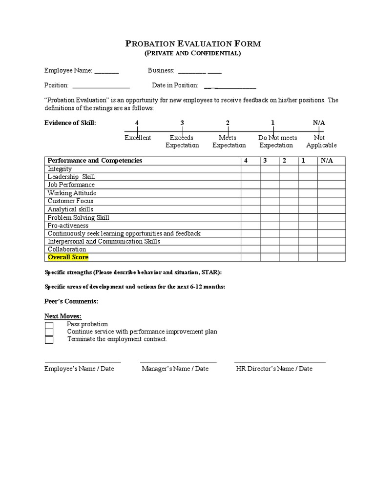 Probation Evaluation Form Template | PDF | Career & Growth | Business