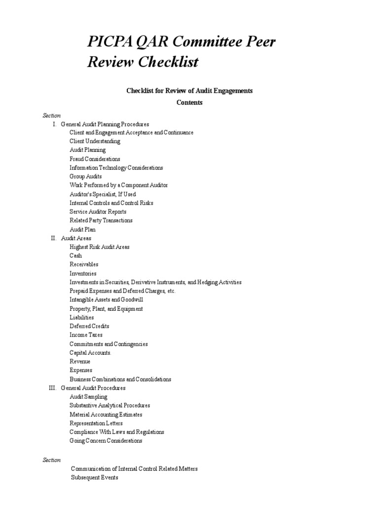 Peer Review Audit Engagement Checklist | PDF | Financial Audit ...