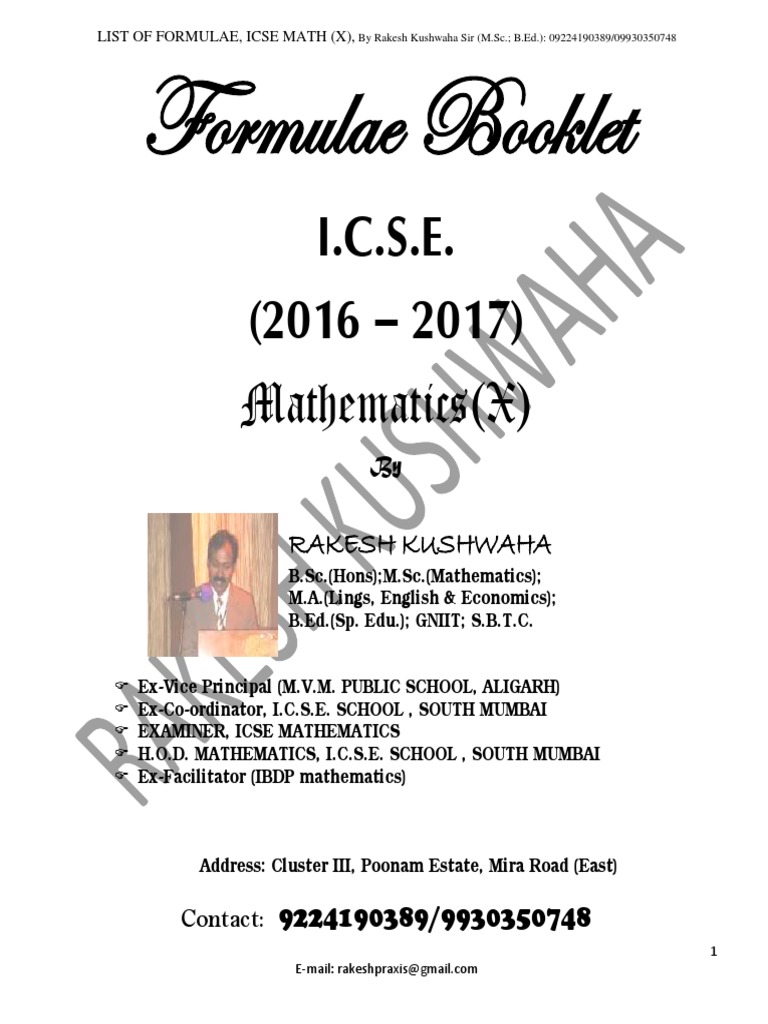 ICSE Math X Formulae Guide | PDF | Circle | Area