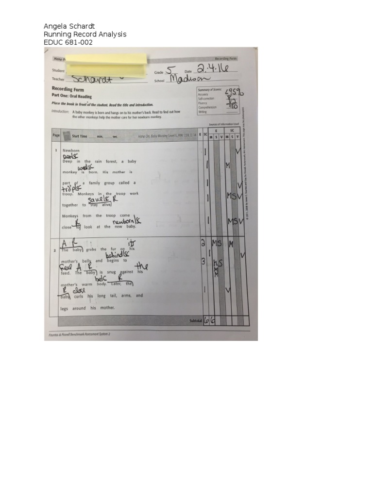 Analysis of Running Record | PDF | Reading Comprehension | Education Theory