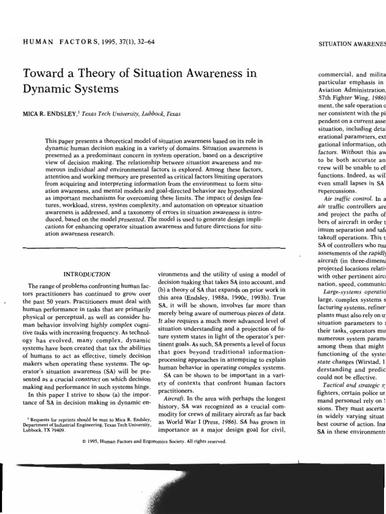 Toward A Theory of Situation Awareness in Dynamic Systems by Mica R ...