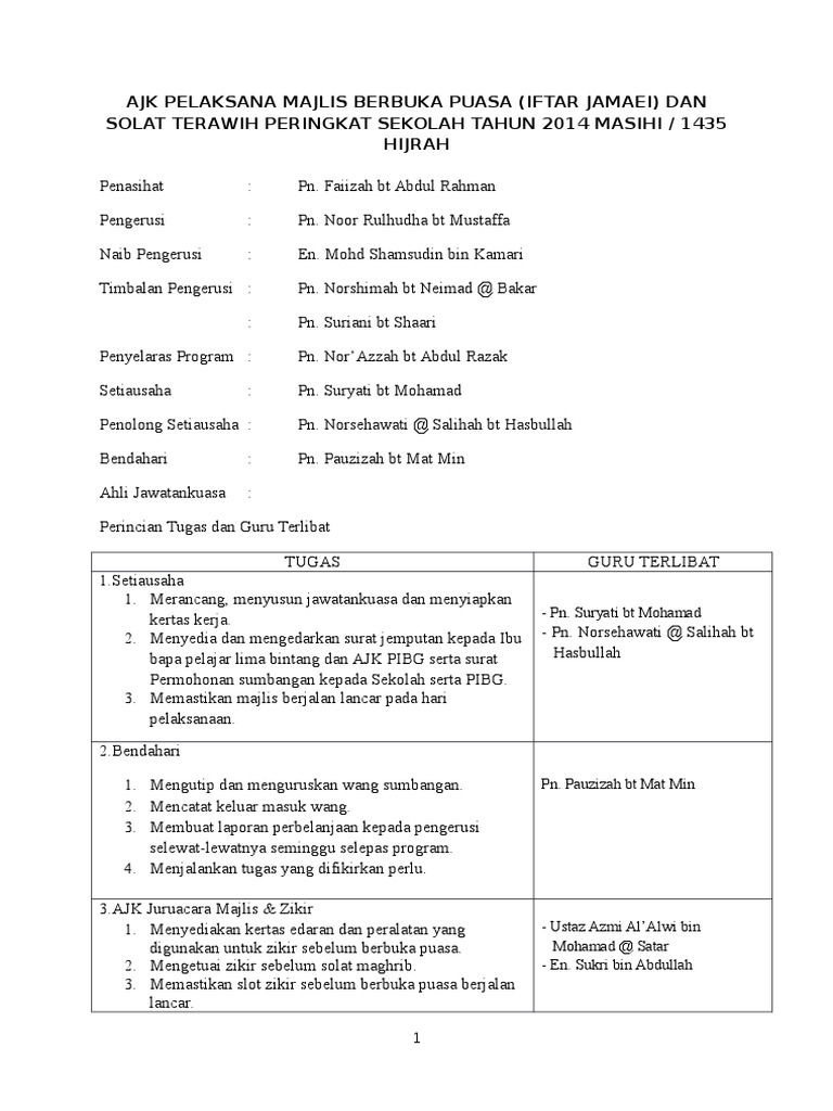 Ajk Pelaksana Majlis Berbuka Puasa 2014 | PDF