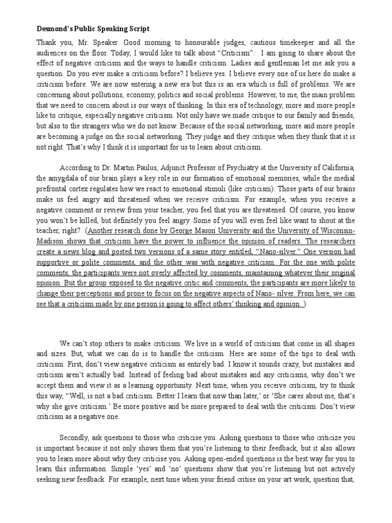 Public Speaking Script On Criticism | PDF | Public Speaking | Amygdala