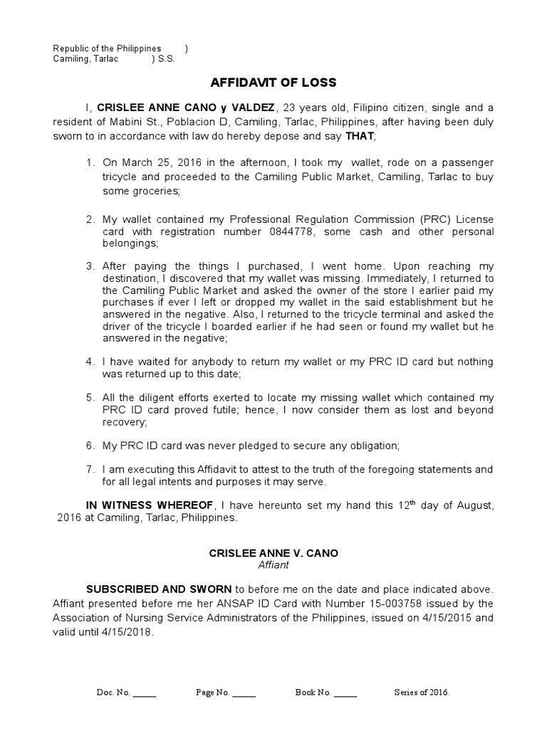 Affidavit of Loss for PRC ID | PDF