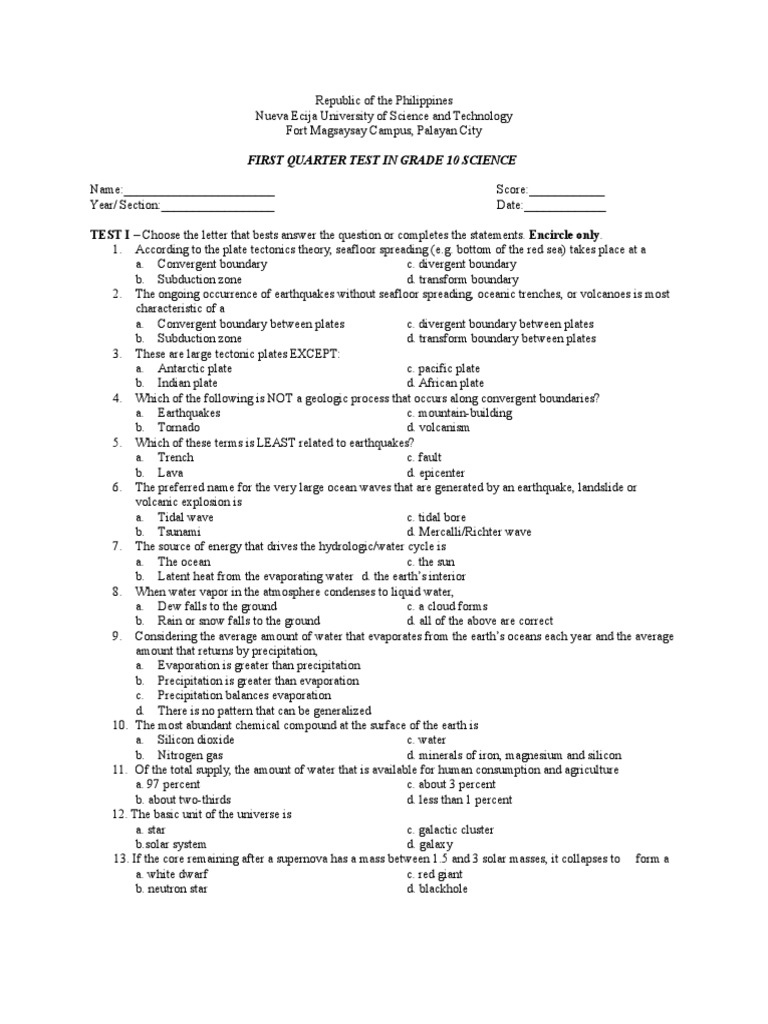 Grade 10 Science 1st Quarter | PDF | Plate Tectonics | Mantle (Geology)