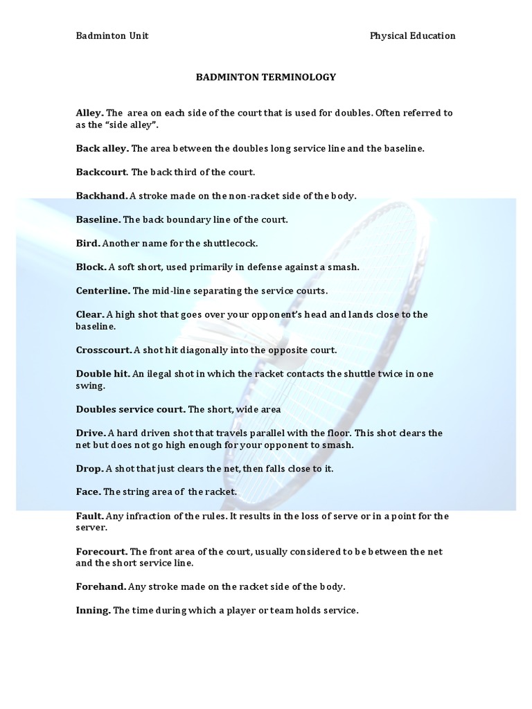 Badminton Terminology | PDF | Competitive Games | Sports