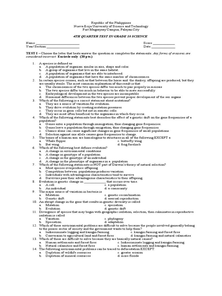 Grade 10 Science 4th Quarter | PDF | Natural Selection | Evolution