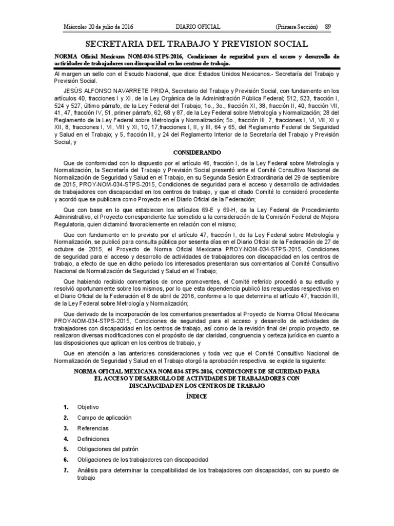 Norma Oficial Mexicana NOM 034 STPS 2016 | PDF | Invalidez | Ciudad de ...