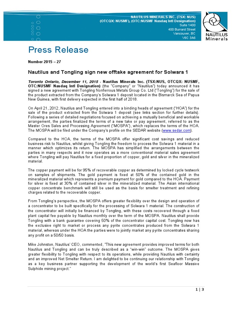 Nautilus-Tongling New Offtake Deal | PDF | Copper | Mining