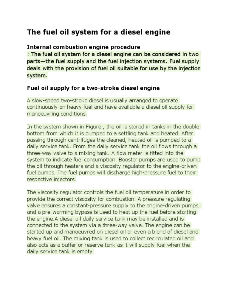 The Fuel Oil System For A Diesel Engine | PDF | Internal Combustion ...