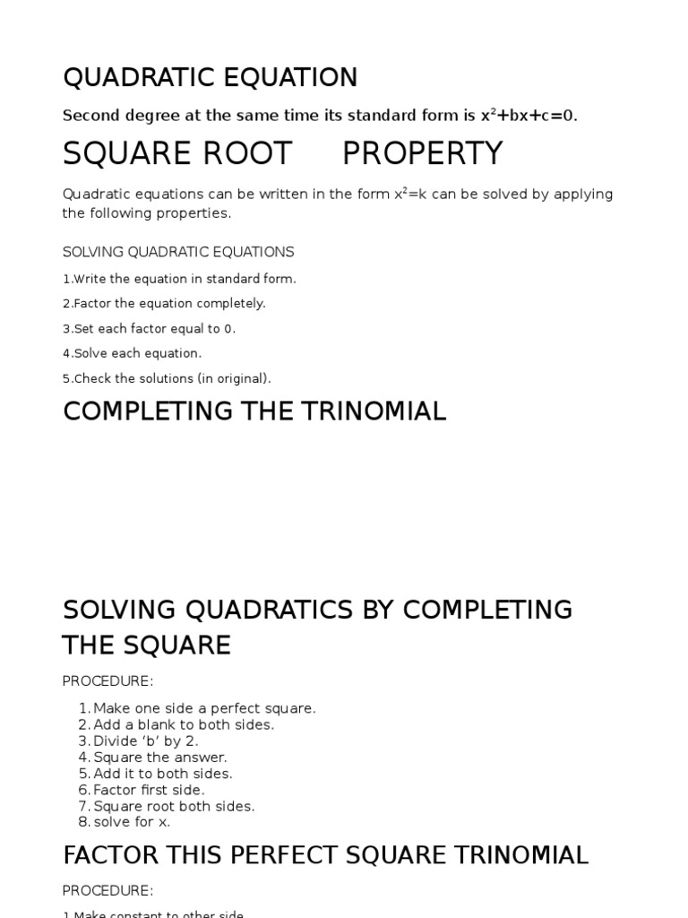 Square Root Property: Quadratic Equation | PDF