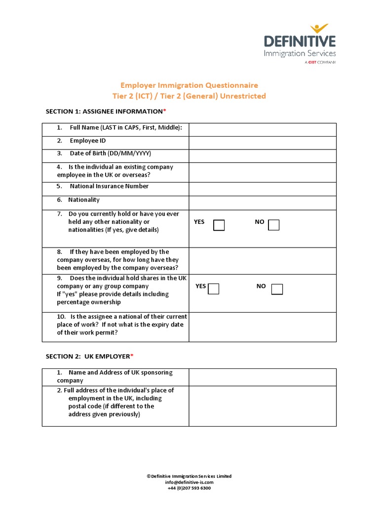 Employer Immigration Questionnaire Tier 2 (ICT) / Tier 2 (General ...