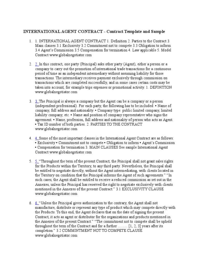 International Agent Contract Template | PDF | Law Of Agency ...