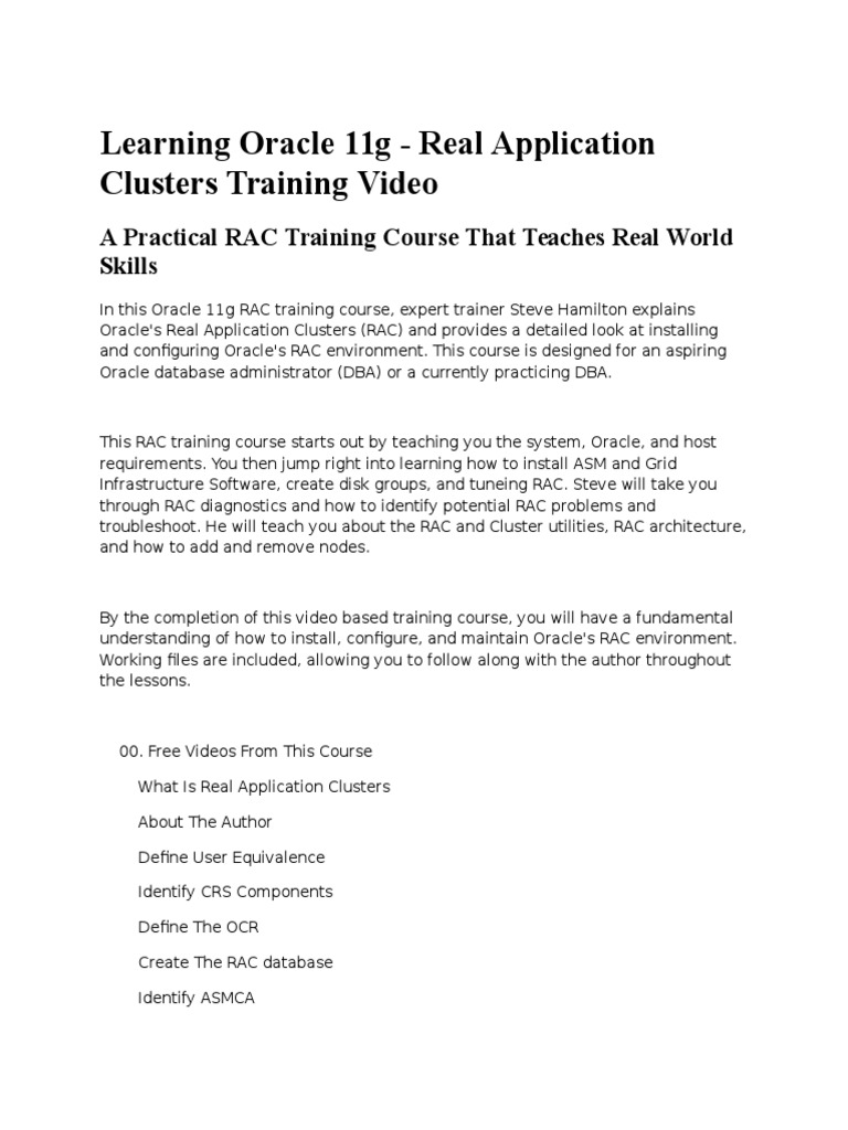 Learning Oracle 11g - Real Application Clusters Training Video | PDF | Oracle Database | Computing