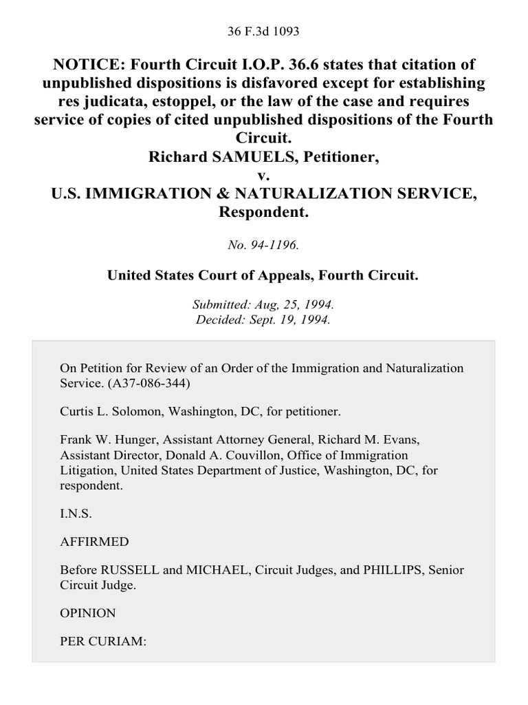 Richard Samuels v. U.S. Immigration & Naturalization Service, 36 F.3d ...