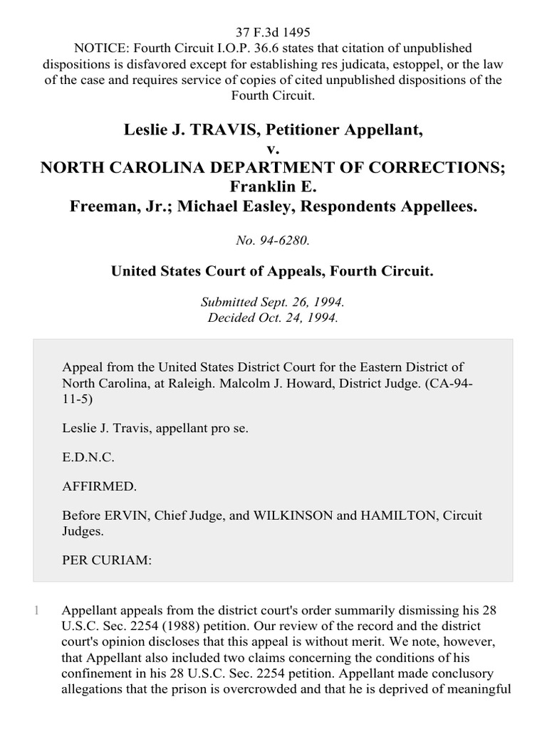 Leslie J. Travis v. North Carolina Department of Corrections Franklin E ...
