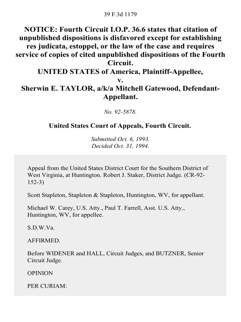 United States v. Sherwin E. Taylor, A/K/A Mitchell Gatewood, 39 F.3d ...