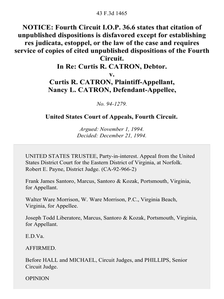 In Re: Curtis R. Catron, Debtor. v. Curtis R. Catron, Nancy L. Catron ...