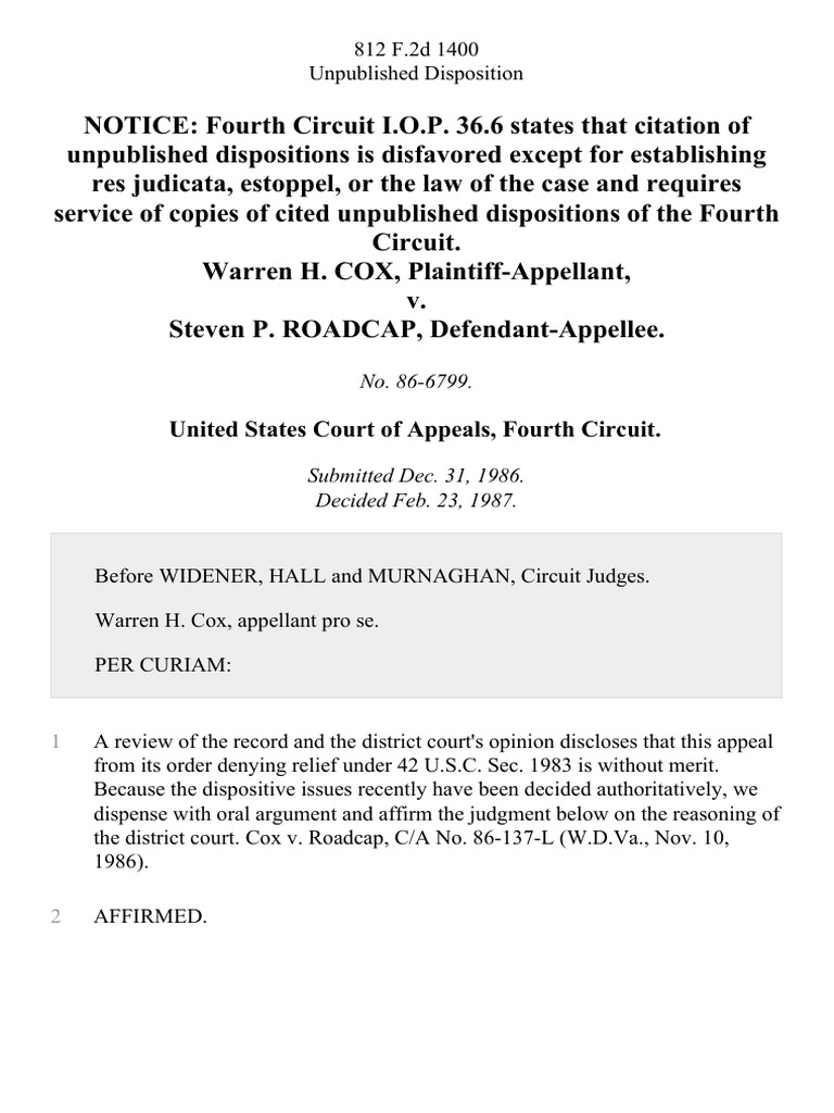 Warren H. Cox v. Steven P. Roadcap, 812 F.2d 1400, 4th Cir. (1987 ...