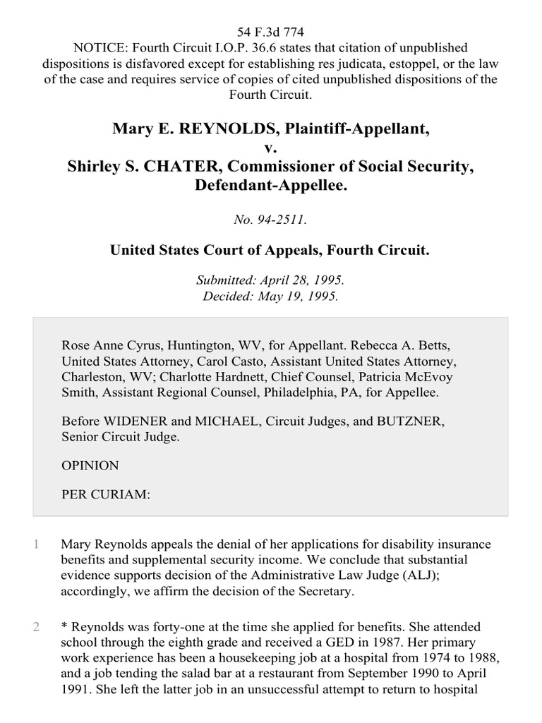 Mary E. Reynolds v. Shirley S. Chater, Commissioner of Social Security ...